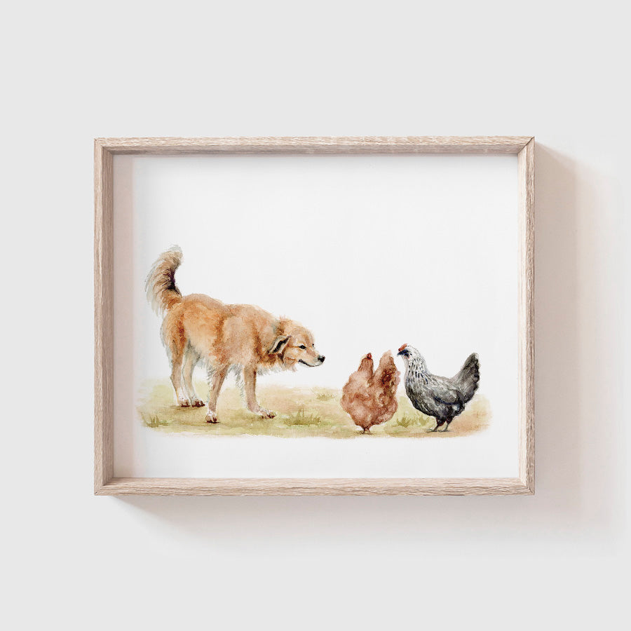 Dog and Chickens Art Print | Made in the USA | Fox Hollow Studios – Tabitha Paige
